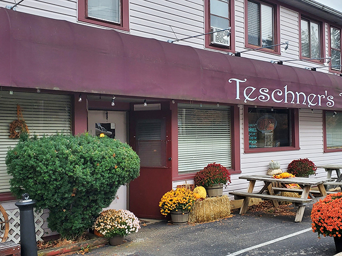 Fall in Ohio never looked so inviting - Teschner's welcomes you with seasonal charm and that perfect burgundy awning.
