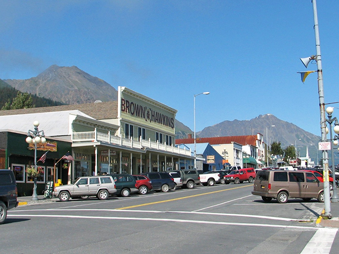 Downtown Seward greets visitors with the historic Brown & Hawkins store, where shopping comes with a side of mountain majesty that makes mall directories weep with inadequacy.