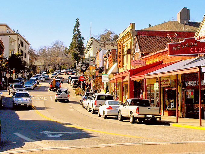 Downtown Grass Valley beckons with its historic charm, where the iconic Nevada Club sign stands as a colorful sentinel guarding streets that whisper Gold Rush tales.