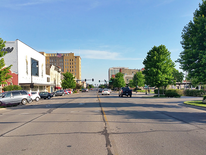 Downtown Hutchinson stretches before you like a Norman Rockwell painting come to life &ndash; wide streets, classic architecture, and not a parking meter in sight.
