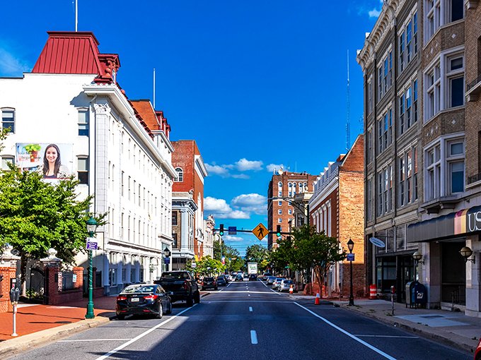 Downtown Hagerstown's historic architecture creates a Norman Rockwell painting come to life, where affordability meets small-town charm under brilliant blue skies.