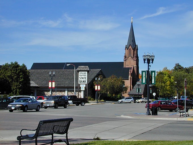 Downtown Grand Rapids showcases its architectural character with the striking church spire reaching skyward, a perfect backdrop for your affordable retirement selfies.