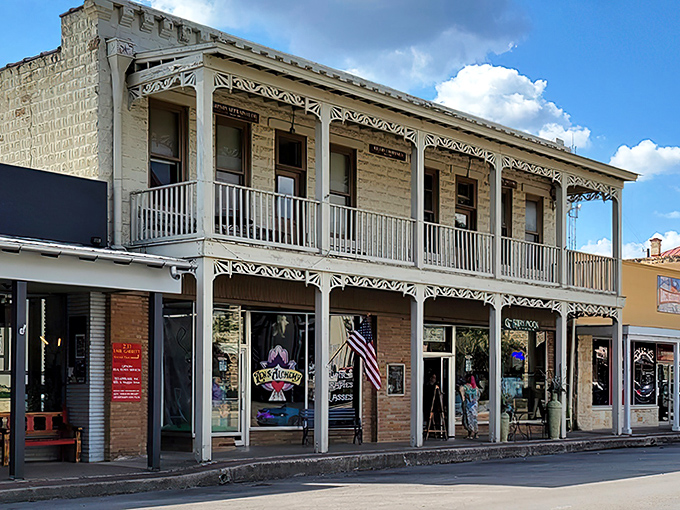 Kerrville's downtown skyline unfolds like a storybook of small-town Texas charm, where limestone buildings bask in Hill Country sunshine.