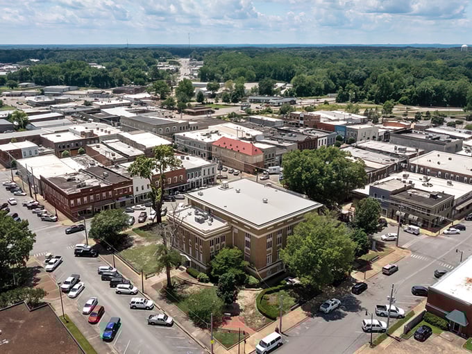From this bird's-eye view, Corinth reveals itself as a perfect grid of history, commerce, and Southern charm.