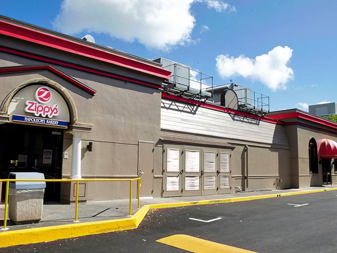 The iconic red trim of Zippy's Kailua stands out like a beacon of comfort food hope against the blue Hawaiian sky.
