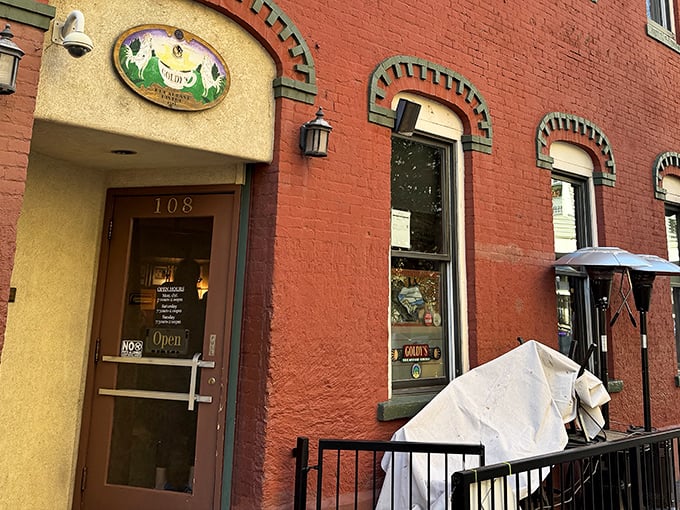 The iconic red brick and yellow entryway of Goldy's stands like a breakfast beacon in downtown Boise. Worth every minute in line.