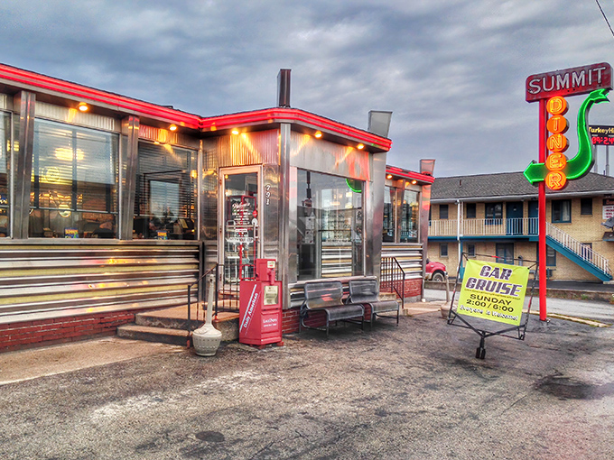 The iconic Summit Diner sign stands tall against the Pennsylvania sky, a neon beacon promising comfort food salvation to weary travelers and hungry locals alike.