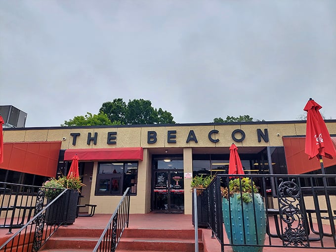 The iconic facade of The Beacon Drive-In welcomes hungry visitors to Spartanburg's legendary burger paradise since generations past.