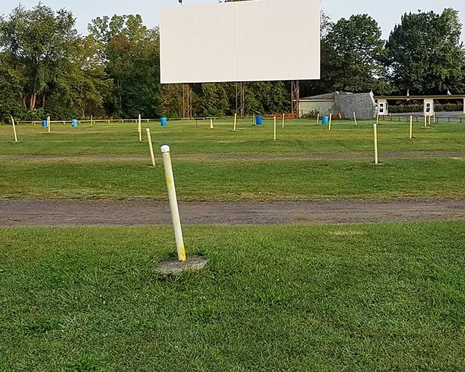 The iconic white screen stands tall against nature's backdrop, a cinematic beacon calling movie lovers to gather as dusk approaches.