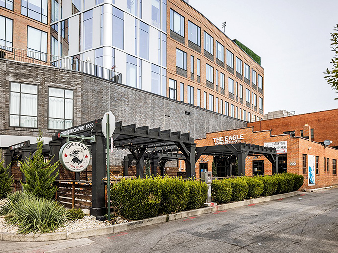 A street view that promises delicious things await. The Eagle's vintage-inspired signage stands as a beacon for hungry souls.