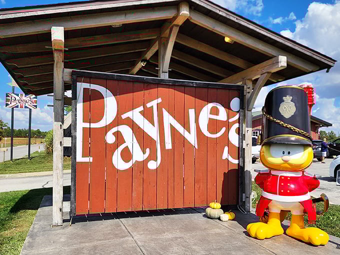 Standing guard outside Payne's is a royal duck mascot that seems to say, "Yes, we're British, and yes, we're in Indiana. Deal with it."