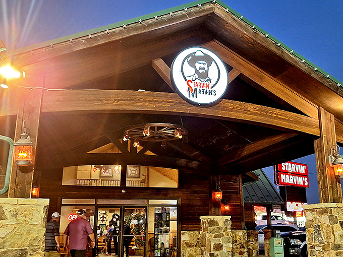 The rustic cabin exterior of Starvin Marvin's promises what every hungry traveler hopes for&mdash;comfort food that doesn't mess around with unnecessary frills.