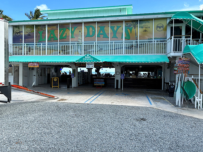 The aqua-trimmed facade of Lazy Days beckons like a siren song to hungry travelers on the Overseas Highway. Paradise found!