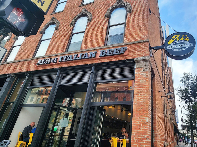 The iconic brick facade of Al's #1 Italian Beef stands proudly on Wells Street, a beacon of sandwich perfection in Chicago's River North neighborhood.