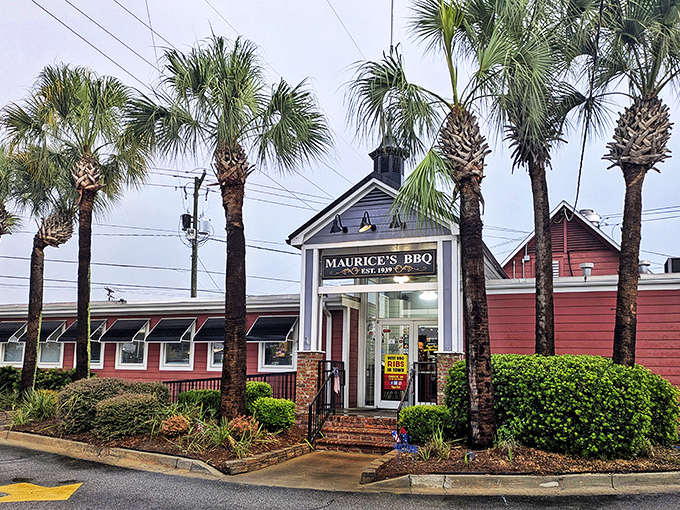 The iconic entrance to Maurice's Piggie Park beckons with the promise of smoky delights, framed by towering palms that whisper "you've arrived somewhere special."