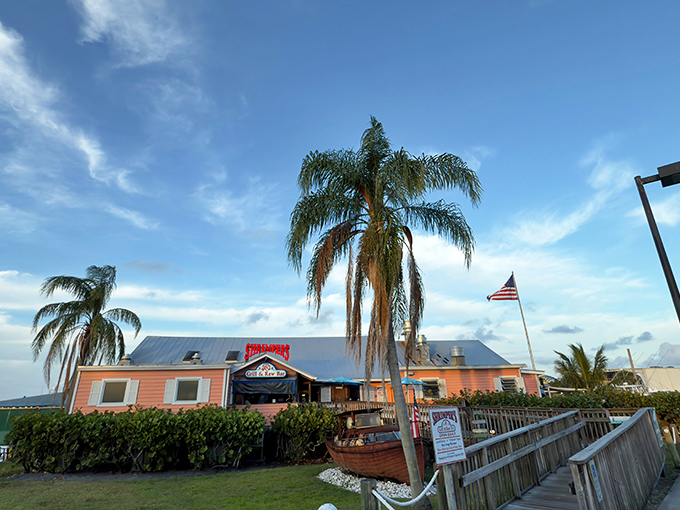 Paradise found! Shrimpers' coral-colored exterior and swaying palms create that perfect "I've discovered something special" Florida moment.