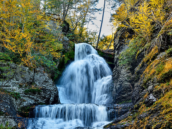 Pennsylvania's second-highest waterfall cascades 130 feet through ancient rock layers carved over millennia by patient water.