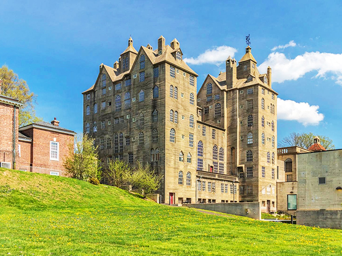 The ultimate architectural plot twist! This magnificent concrete castle in Doylestown looks like it teleported straight from medieval Europe to suburban Pennsylvania.
