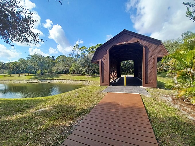 Morning light plays across the wooden planks leading to the bridge, creating that perfect "I can't believe this is Florida" moment.