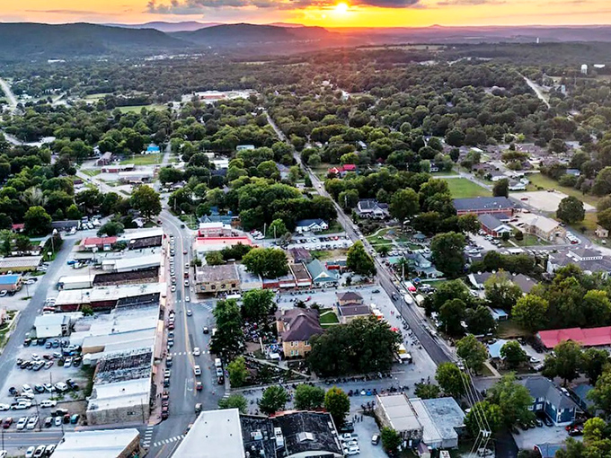 Sunset paints Mountain View in golden hues, transforming this Ozark gem into a living watercolor where time seems to slow its pace.