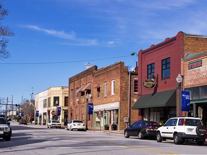 Downtown Toccoa's historic brick buildings stand like sentinels of small-town charm, where every storefront tells a story worth hearing.