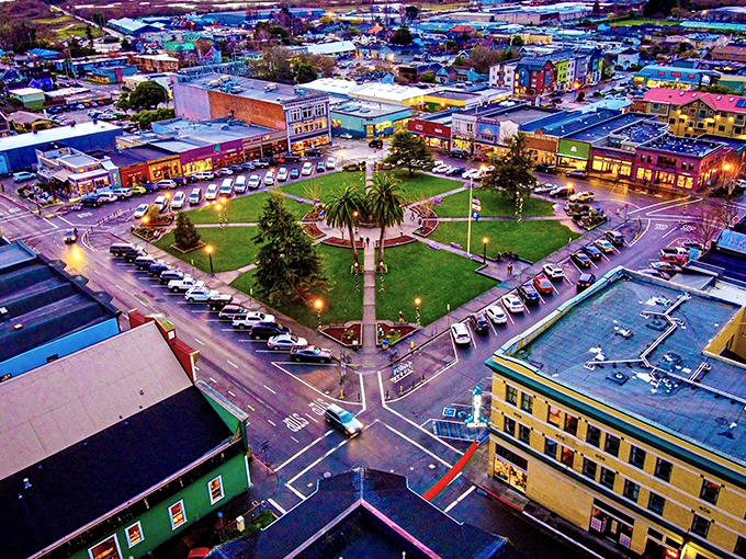 Arcata's Plaza at twilight &ndash; where Victorian architecture meets small-town charm, and every building looks like it's auditioning for a Hallmark movie.