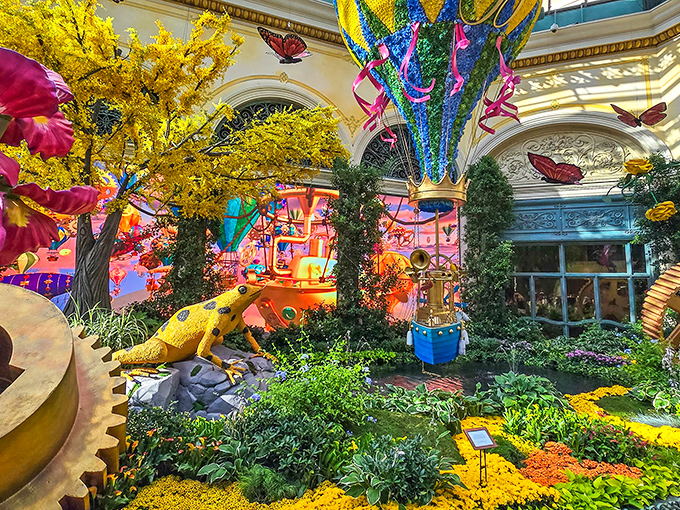 A psychedelic wonderland where giant yellow trees and colorful frogs make you question your last casino cocktail.