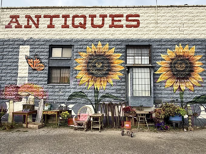 Sunflowers and silhouettes greet treasure hunters! The whimsical exterior of Foster's Crossing promises adventures in time travel, no DeLorean required.