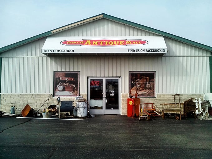 The unassuming exterior of Coldwater Antique Mall belies the treasure trove within, with vintage finds already spilling onto the entrance porch.