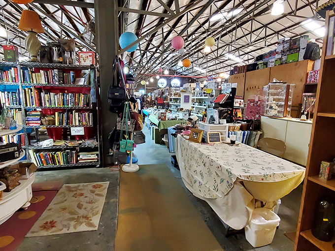Inside this unassuming warehouse lies a treasure hunter's paradise where bookshelves, vintage furniture, and colorful lamps create an irresistible maze of possibilities.