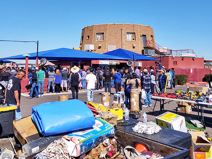 The iconic round building at Glendale Public Market stands like a desert fortress, surrounded by a sea of blue canopies where treasure hunters gather.