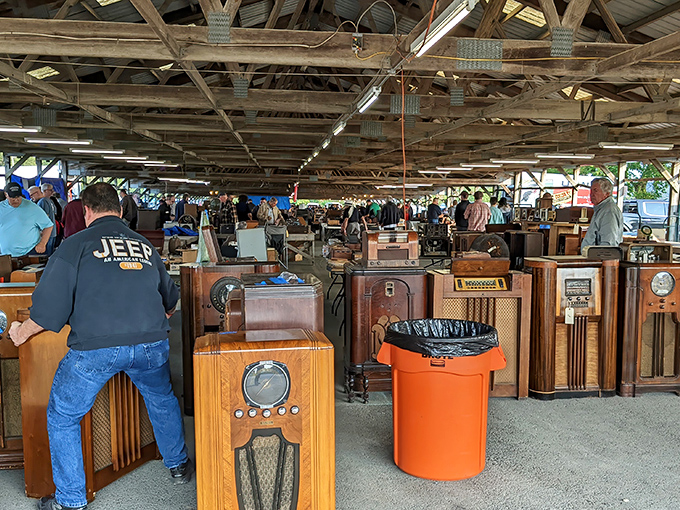 Vintage radios and console stereos await new homes at Renninger's. One person's outdated technology is another's nostalgic treasure hunt.