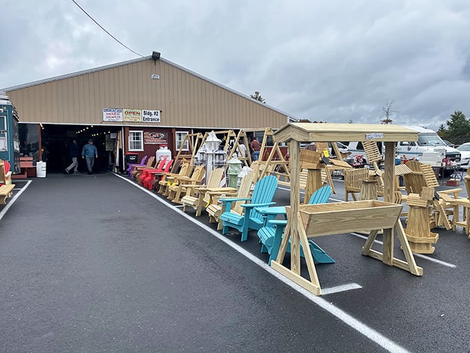 The outdoor furniture display at Hometown Farmers Market is like a wooden wonderland. Amish craftsmanship meets modern design in these sturdy swings and colorful Adirondack chairs.