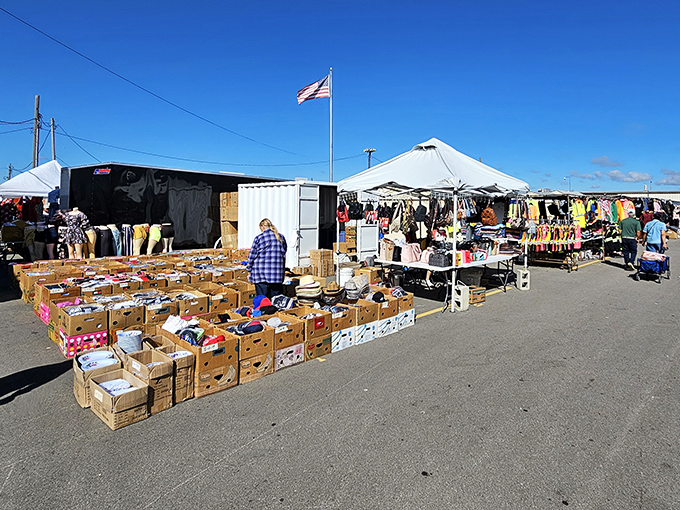 American flags wave proudly over outdoor vendor stalls where yesterday's treasures become today's unexpected finds.