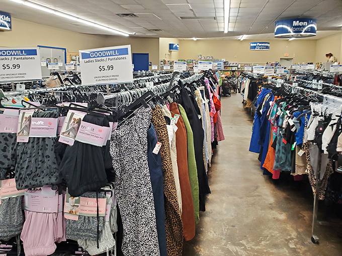 The unassuming exterior of Gonzales Goodwill hides a universe of bargains within, like a pirate's treasure chest disguised as a suburban building.