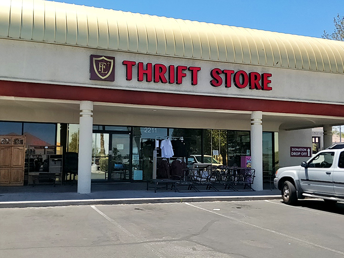 The unassuming exterior of Faith Lutheran Thrift Store beckons bargain hunters with its bold red signage—Vegas's version of "X marks the treasure spot."