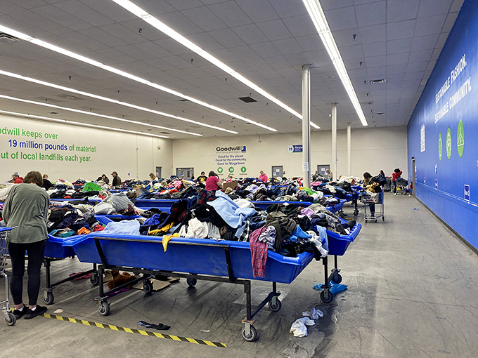 Blue bins overflowing with potential treasures await the intrepid shopper willing to dig for that perfect find.