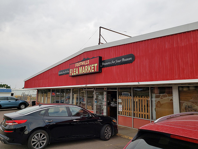Another angle of the market's distinctive crimson facade, where Colorado's most determined treasure hunters begin their quests every weekend.