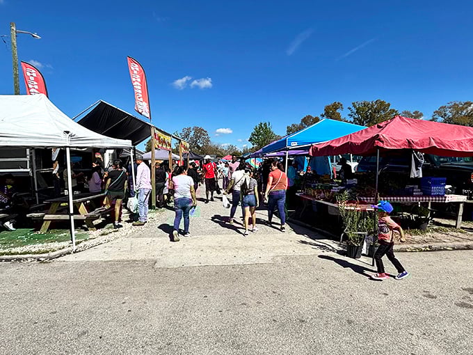 Welcome to bargain paradise! Mi Pueblo's colorful entrance invites treasure hunters to explore a world where one person's castoffs become another's prized possessions.