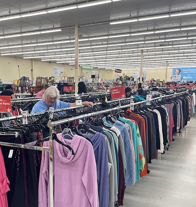 Rows upon rows of colorful clothing stretch into the distance like a textile ocean. Treasure hunting has never looked so organized&mdash;or promising.