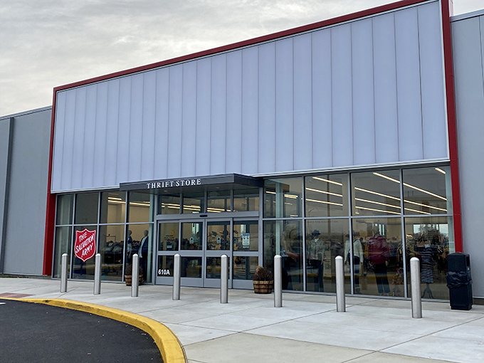 The sleek exterior of the Salvation Army thrift store in Wilmington&mdash;clean lines and bold red accents&mdash;hints at the treasure hunt waiting inside.