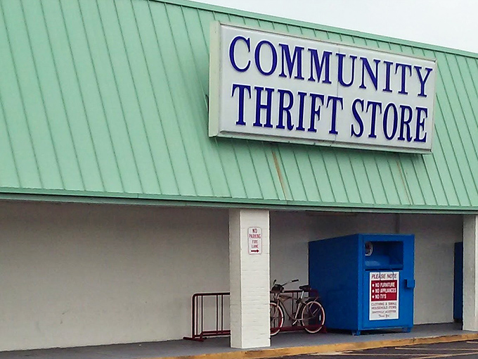 That bold blue sign promises adventure for your wallet. The thrift store equivalent of "Open Sesame" for bargain hunters.
