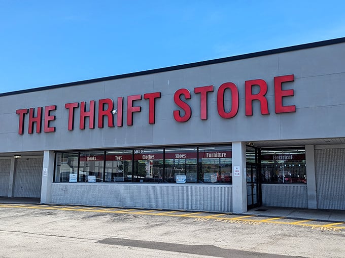 The bold red letters of The Thrift Store beckon like a siren song to bargain hunters &ndash; no fancy frills, just treasures waiting inside.