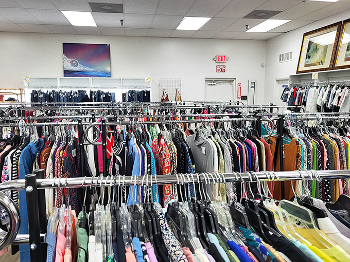 Rack after colorful rack of meticulously organized clothing awaits treasure hunters at St. Matthew's House Parkshore Thrift Store, where fashion finds don't require a fashion budget.