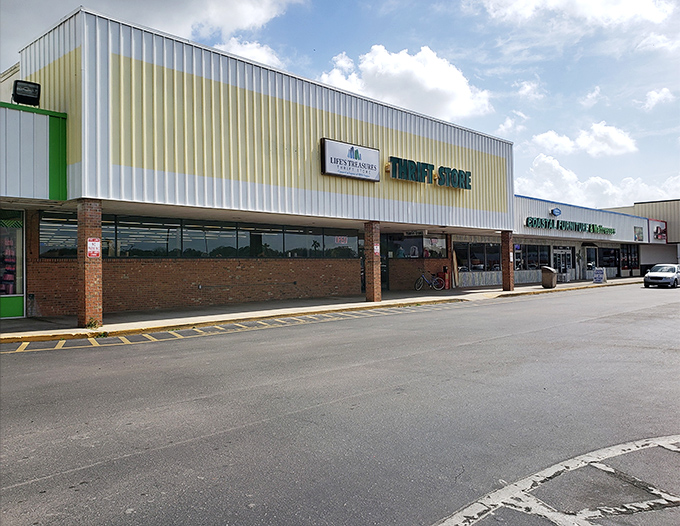 The bright blue signage of Life's Treasures beckons bargain hunters like a retail oasis in the Florida sun. Shopping salvation awaits inside!