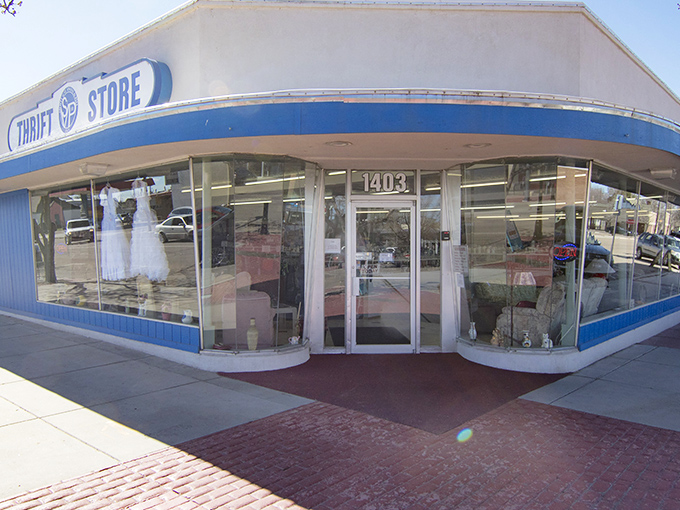 The blue-trimmed fa&ccedil;ade might not scream "retail paradise," but inside awaits a treasure hunter's dream where wedding dresses get second chances at happily-ever-after.