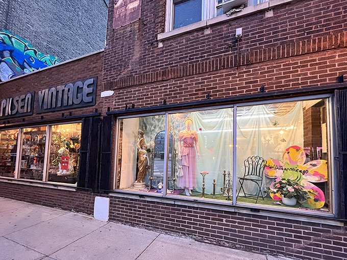 The brick fa&ccedil;ade of Pilsen Vintage might look unassuming, but those window displays are like a siren song for treasure hunters and fashion time-travelers alike.