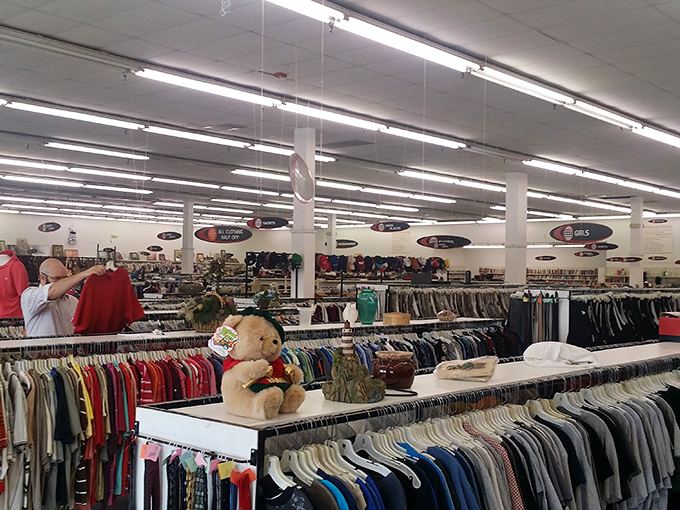 "Browse our spacious thrift store filled with clothing, accessories, and treasures! From adorable teddy bears to stylish outfits, there's something for everyone here!"