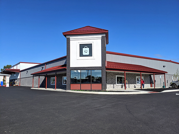 The modern exterior of Ephrata Re-Uzit stands proudly against a blue Pennsylvania sky, like a cathedral dedicated to the religion of bargain hunting.