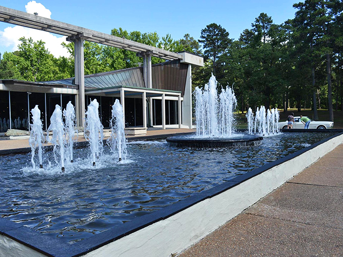 The Museum of Automobiles stands like a mid-century modern time capsule, complete with dancing fountains that welcome visitors to this automotive wonderland atop Petit Jean Mountain.